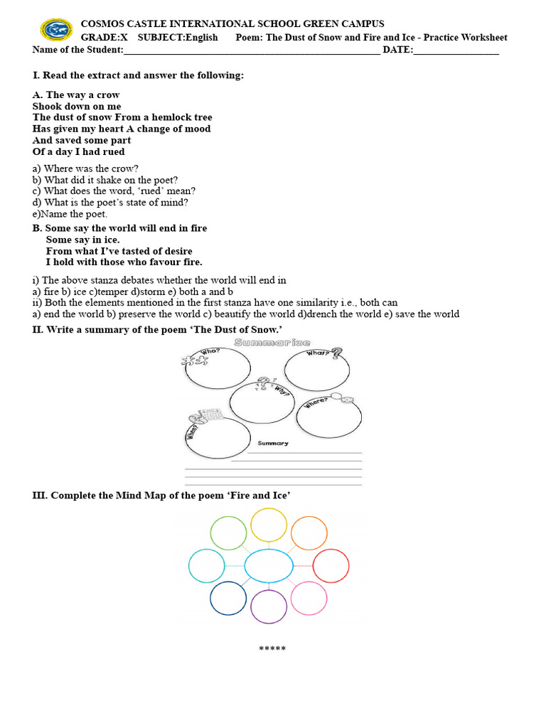 The Dust of Snow and Fire and Ice Worksheet | PDF