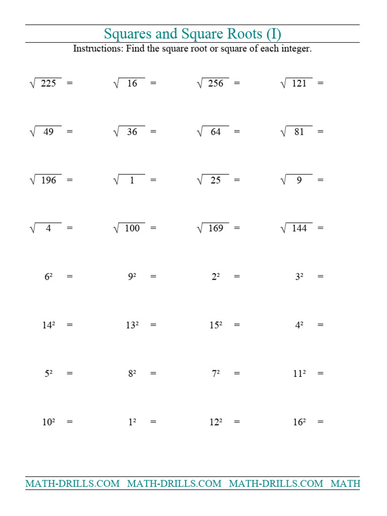 Square Roots and Squares Practice | PDF