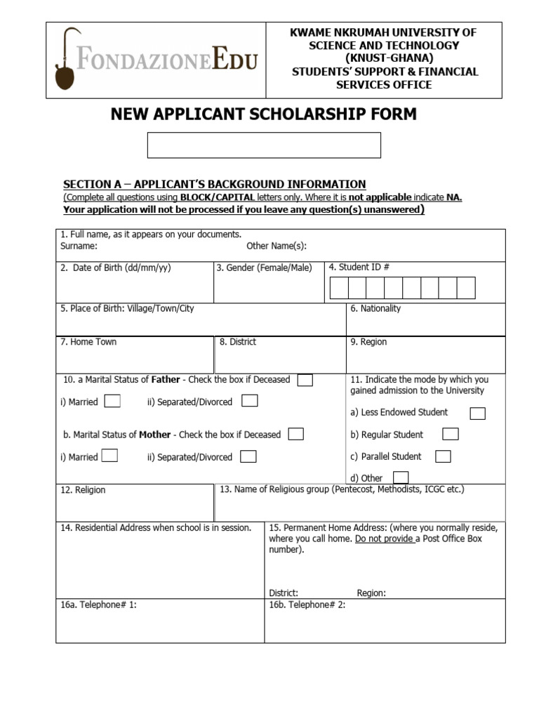 KNUST Student Financial Aid Form | PDF