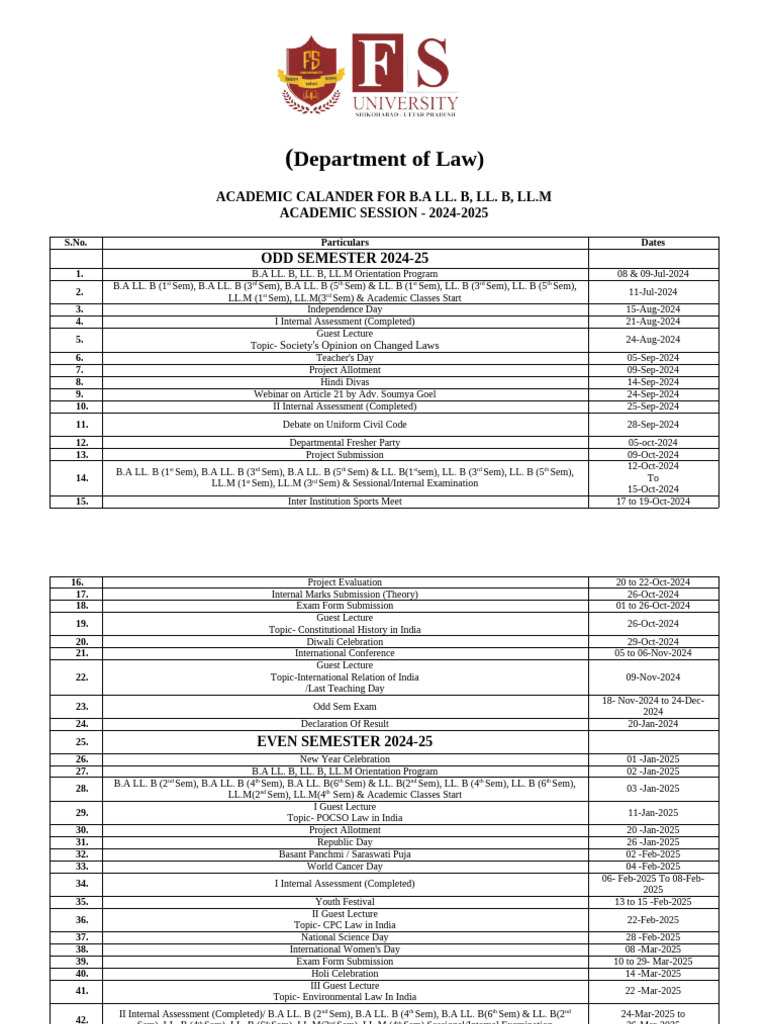 Academic Calander 2024-25 | PDF