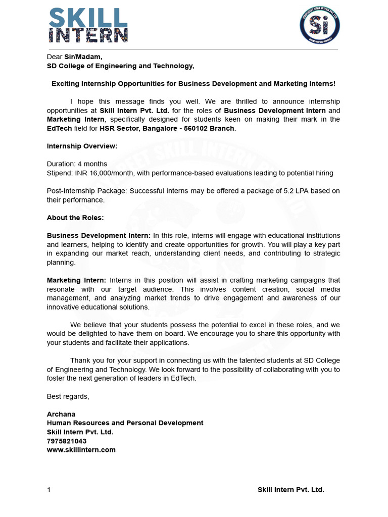 Hiring Invitations SD College of Engineering and Technology | PDF