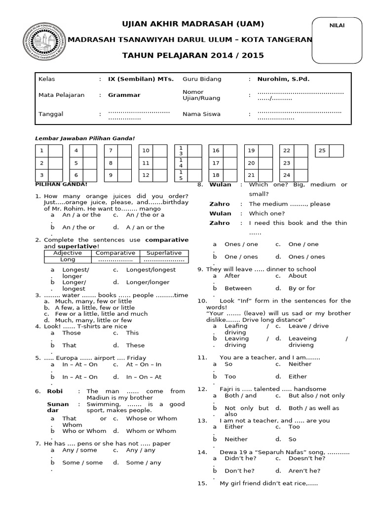 Soal Grammar Kelas IX MTs. UAM TA 2014-2015 | PDF | Language Mechanics ...