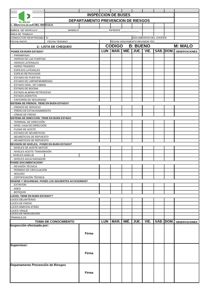 Inspección de Buses: Lista de Chequeo | PDF