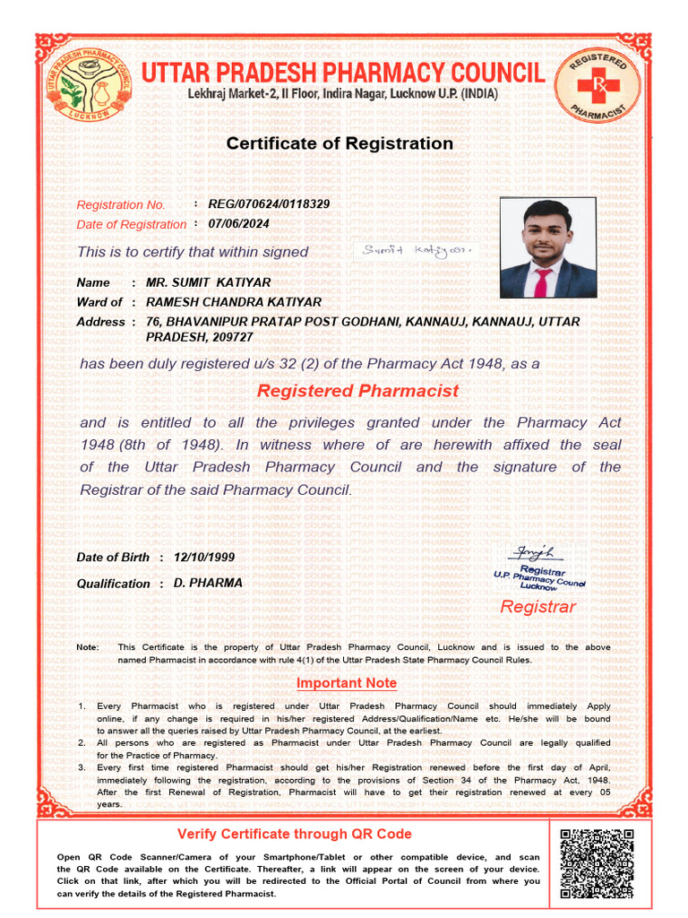 Uttar Pradesh Registered Pharmacist Certificate | PDF
