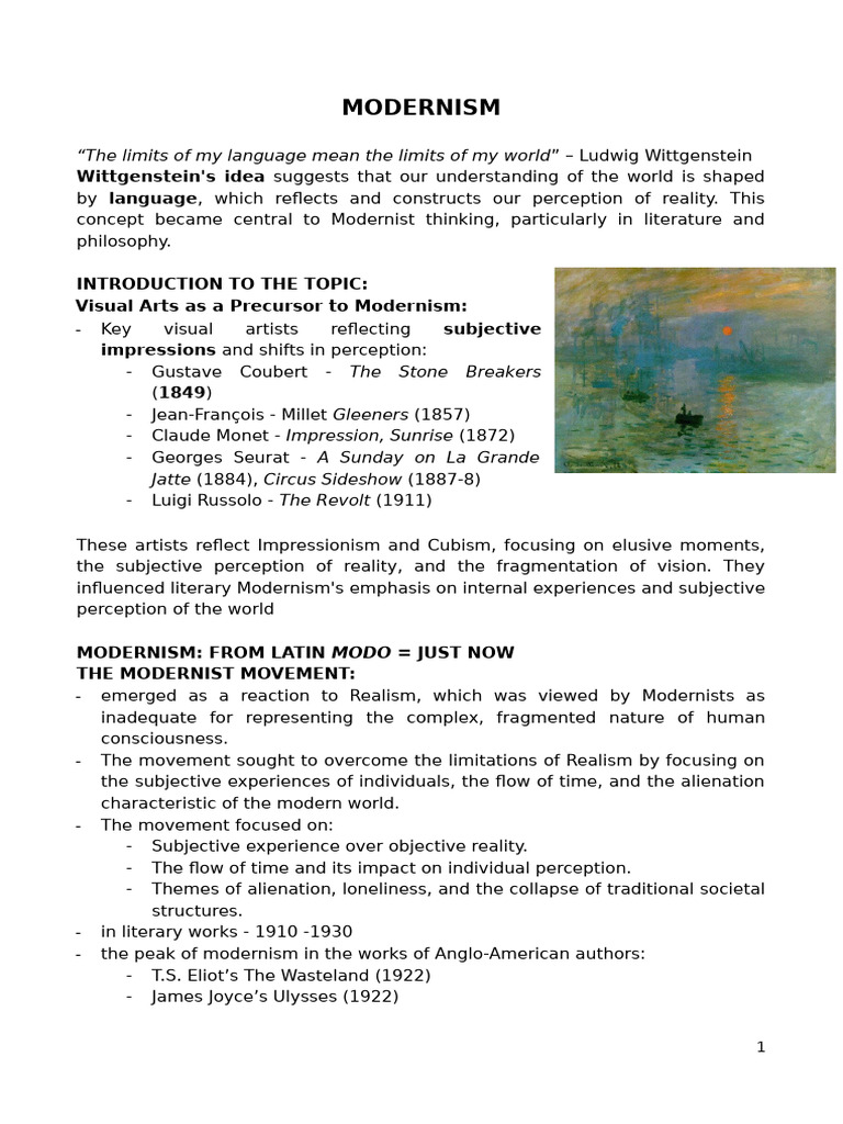 Modernism Novel Lecture Outline | PDF | Mind | Time