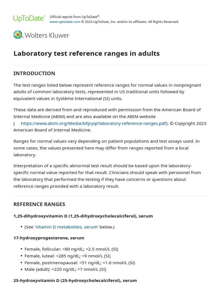 Laboratory Test Reference Ranges in Adults - UpToDate | PDF ...