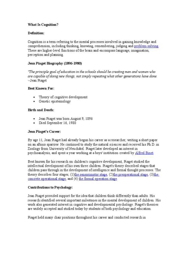 Jean Piaget: Life and Contributions | PDF | Behavioural Sciences ...