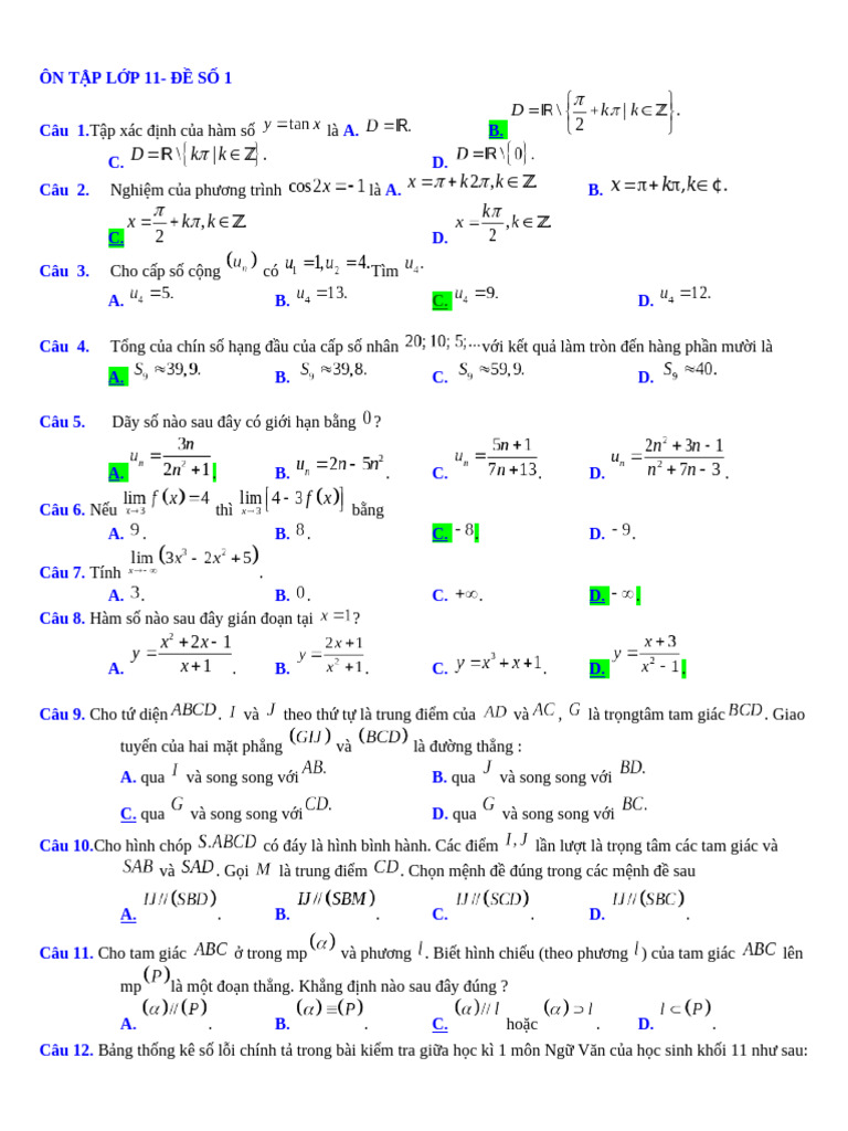 ÔN TẬP LỚP 11-HK1-ĐỀ 1 | PDF