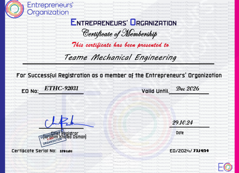 Teame Mechanical Engineering EO Membership Certificate | PDF