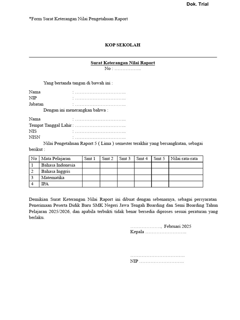Dokumen Surat Keterangan Nilai Rapor Untuk Uji Coba Sistem Informasi PPDB 2025 | PDF