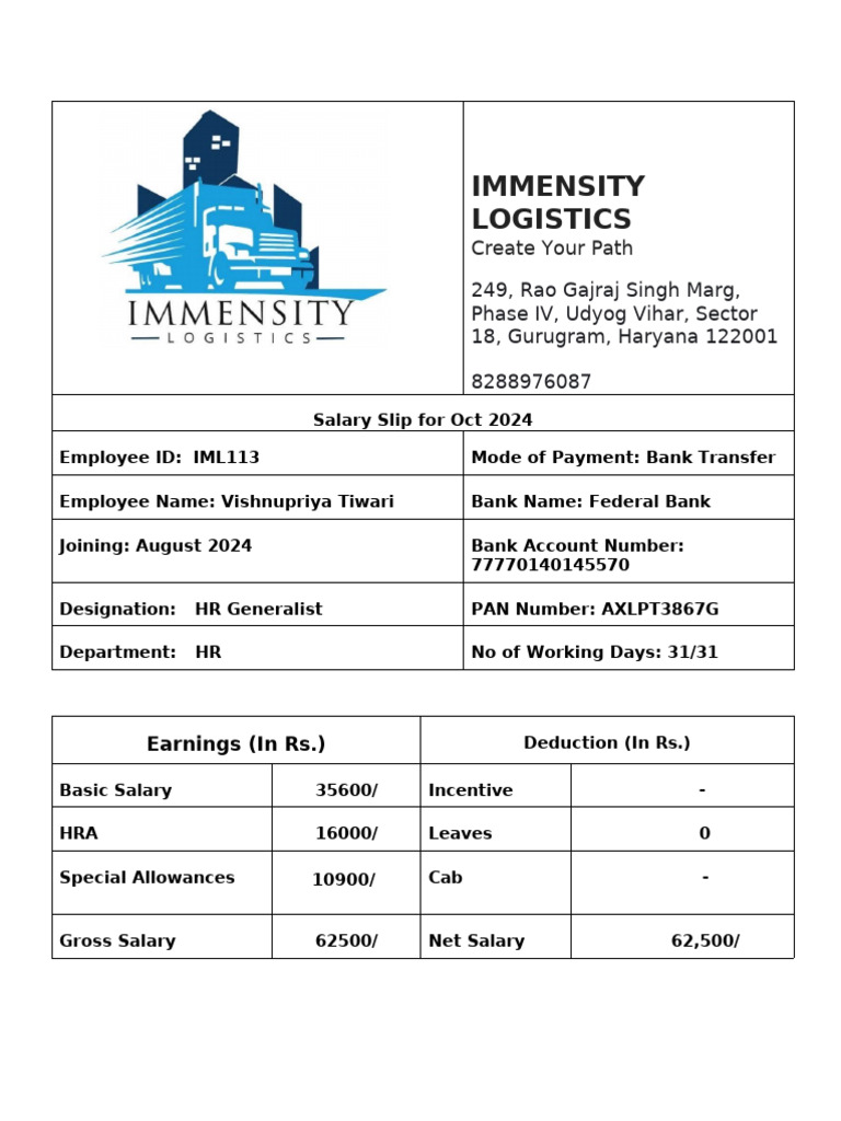 Vishnupriya's October Salary Slip | PDF