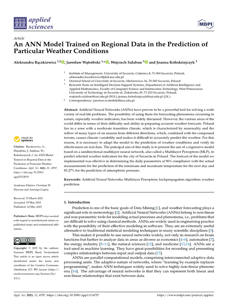 Applied Sciences: An ANN Model Trained On Regional Data in The Prediction of Particular Weather ...