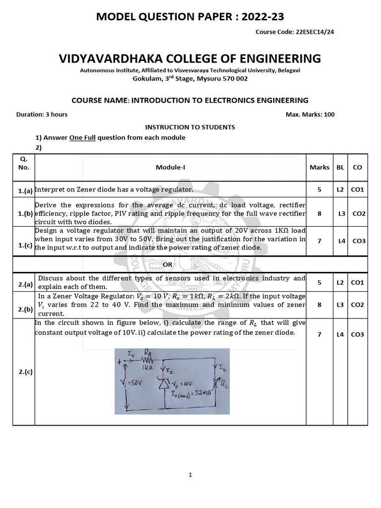 Model Question Paper 1 Pdf Operational Amplifier Rectifier