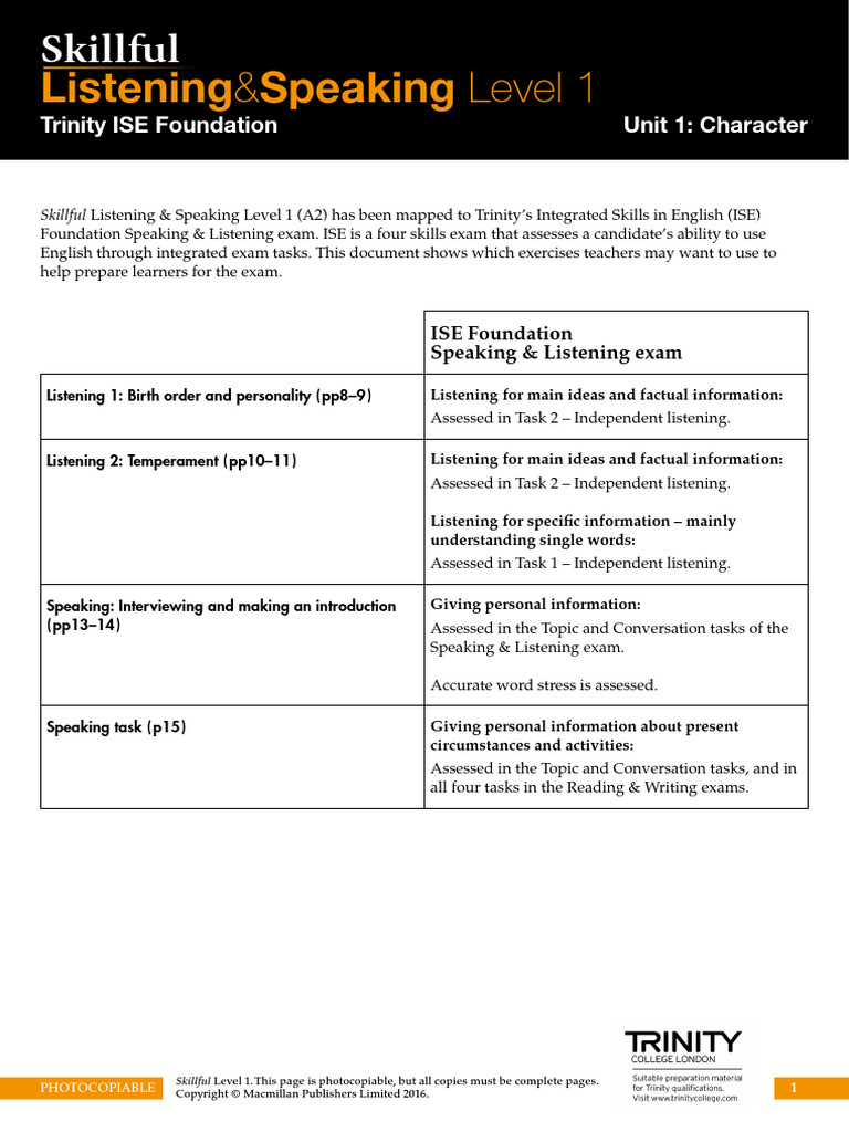 Skillful Listening and Speaking 1 Trinity ISE Foundation | PDF ...