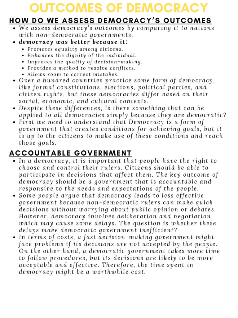 Outcomes of Democracy economy notes | PDF | Democracy | Political ...