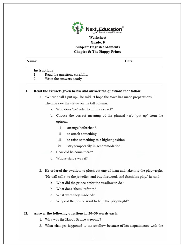 Happy Prince Worksheet for Grade 9 | PDF