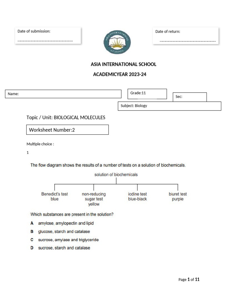 Grade 11 Biology Worksheet Biological Molecule Carbohydrate | PDF ...