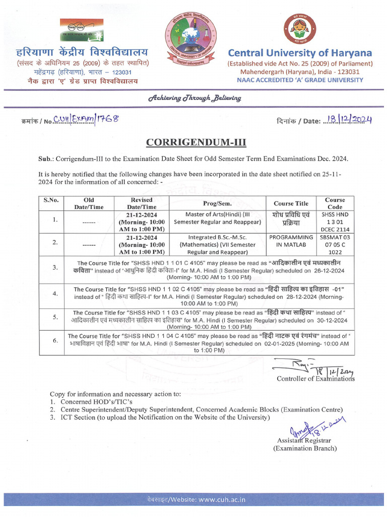 Corrigendum-III to the Examination Date Sheet for Odd Semester Term End Examinations Dec. 2024 | PDF
