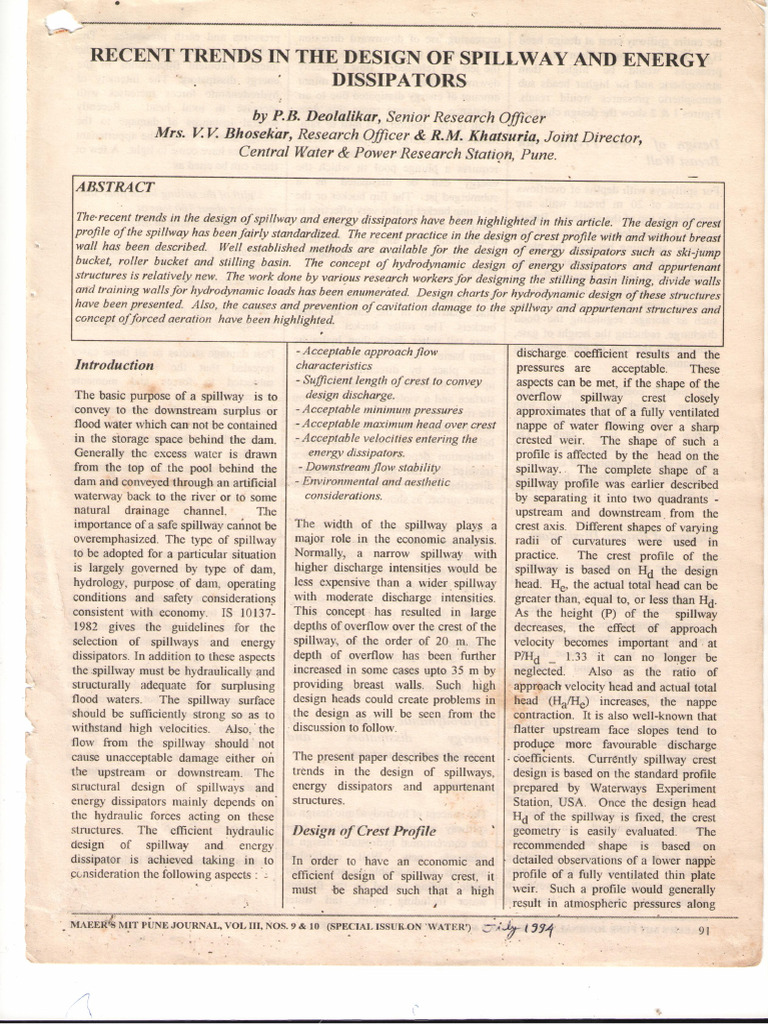 Design of Spillway and Energy Dissipators - Deolalikar | PDF