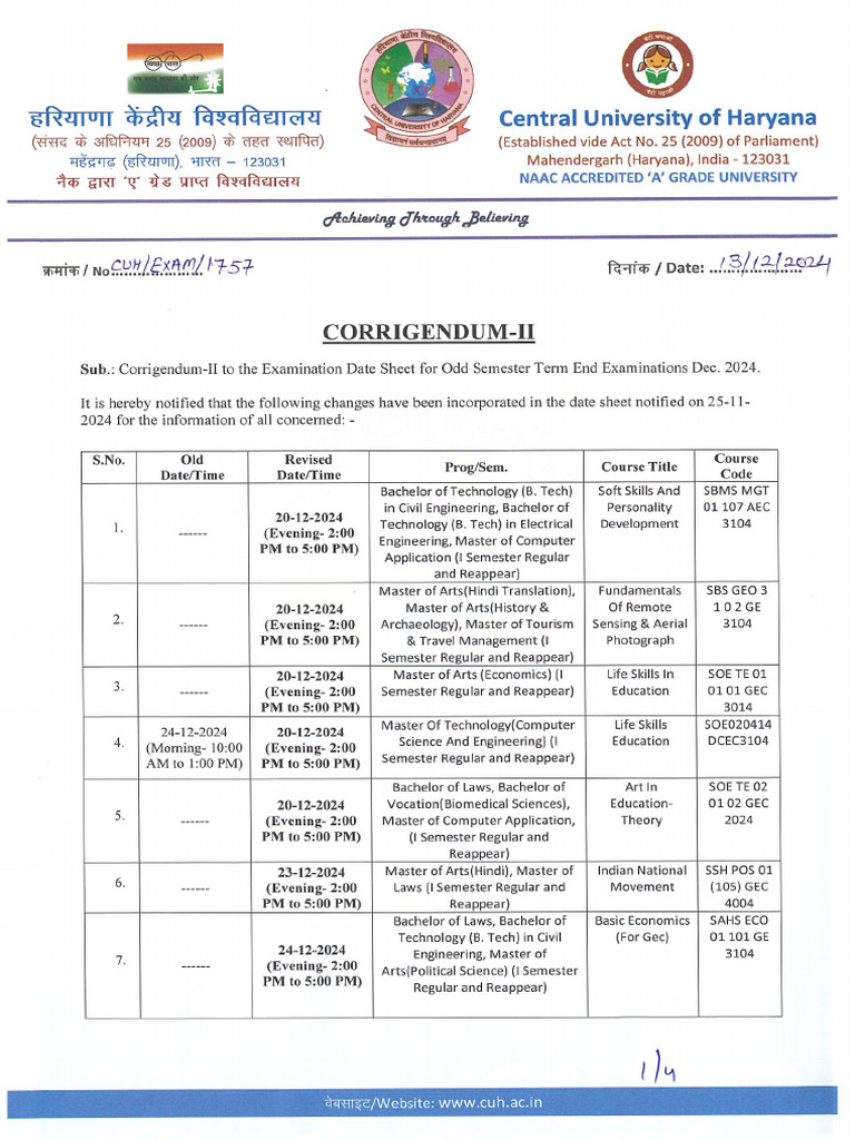 Corrigendum-II to the Examination Date Sheet for Odd Semester Term End Examinations Dec. 2024 | PDF