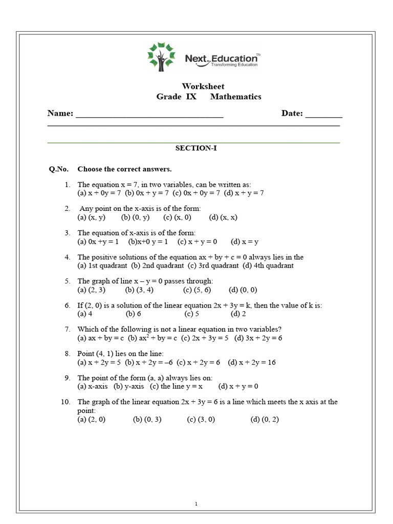 Grade IX Mathematics Linear Equations Worksheet | PDF | Cartesian ...