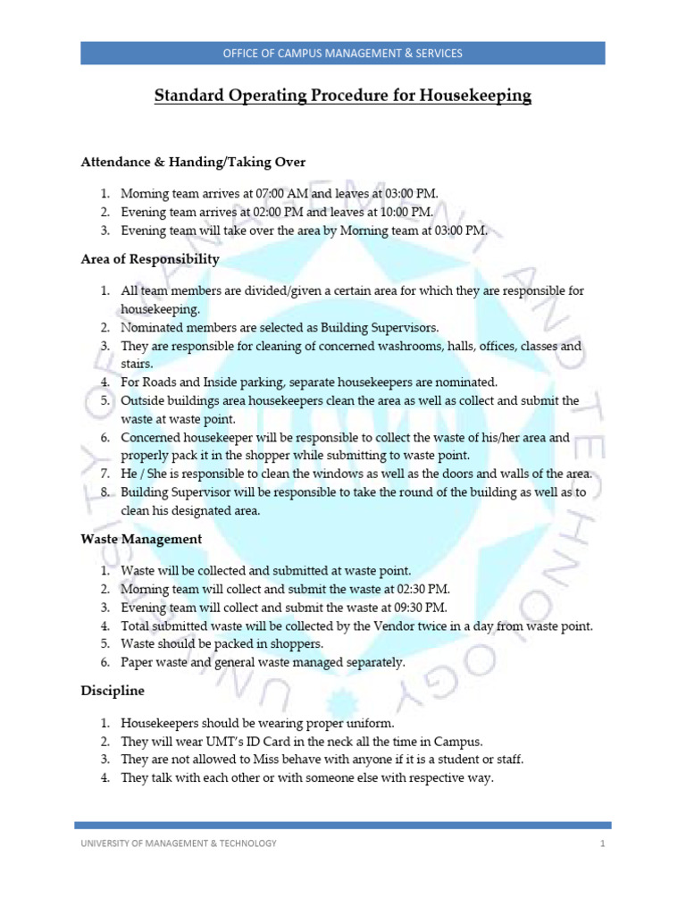 SOP for Housekeeping-converted | PDF