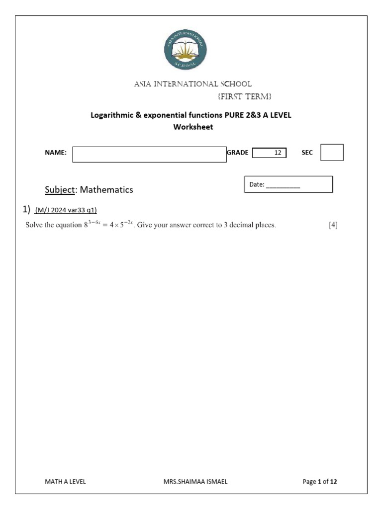 Logarithmic & Exponential Functions Pure 2&3 A Level Worksheet Asia | PDF