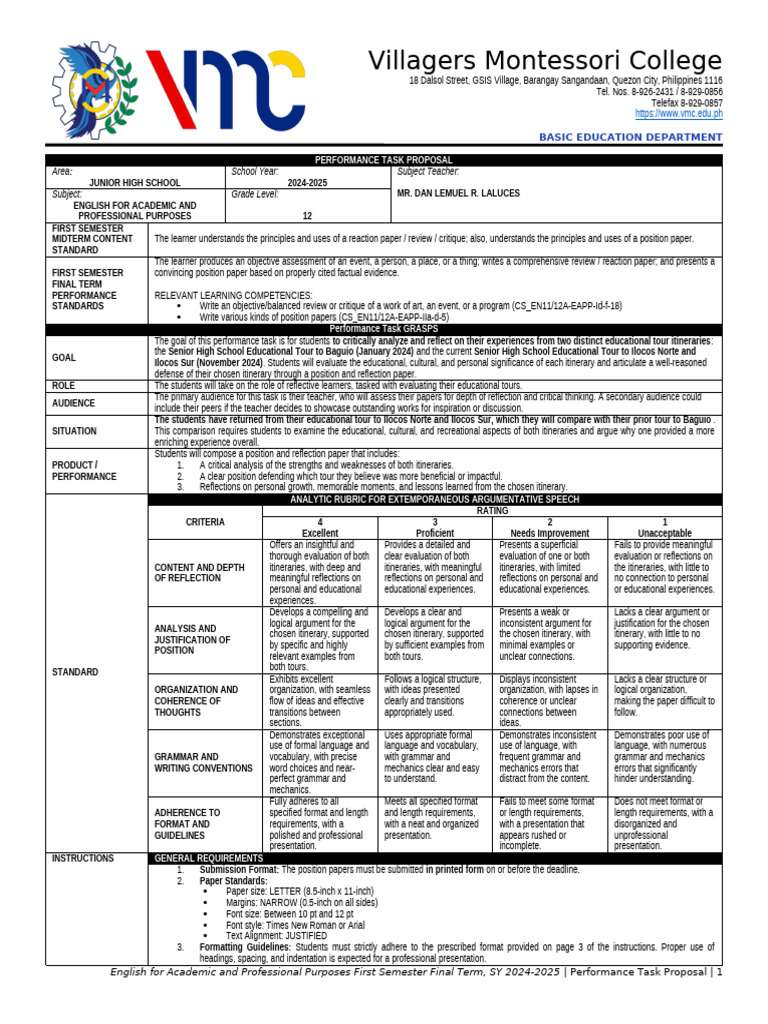 EAPP First Semester Final Term Performance Task SY 2024 2025j | PDF | Evaluation | Critical Thinking