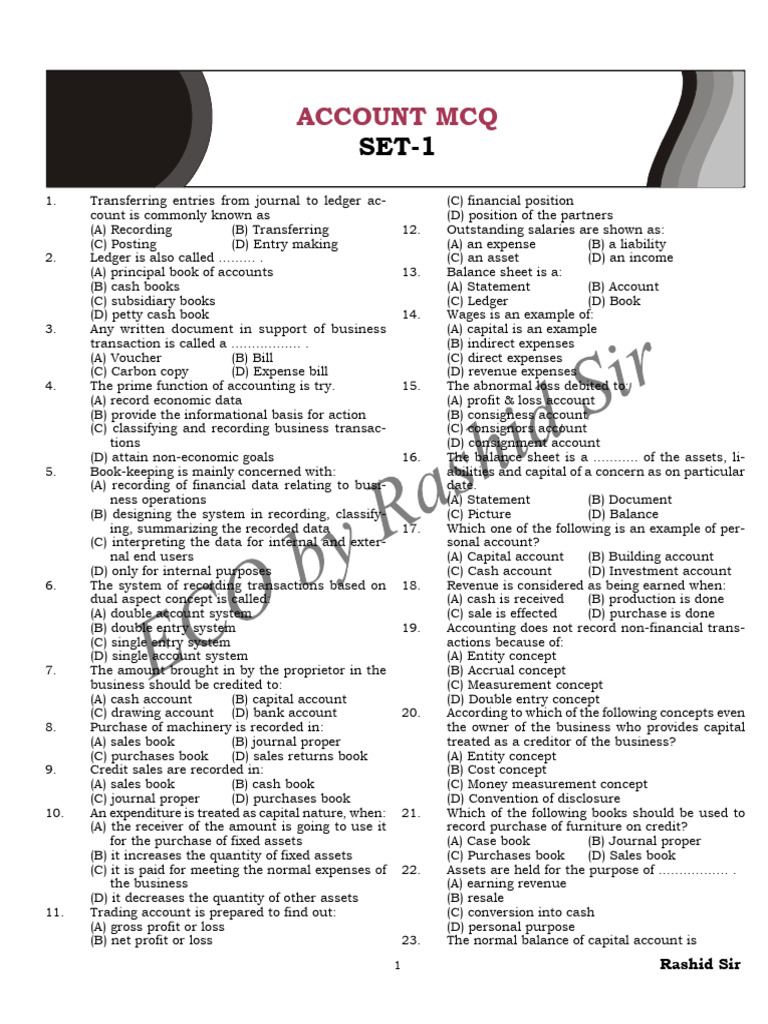 Accounting MCQ Set 1 Answers | PDF | Debits And Credits | Expense