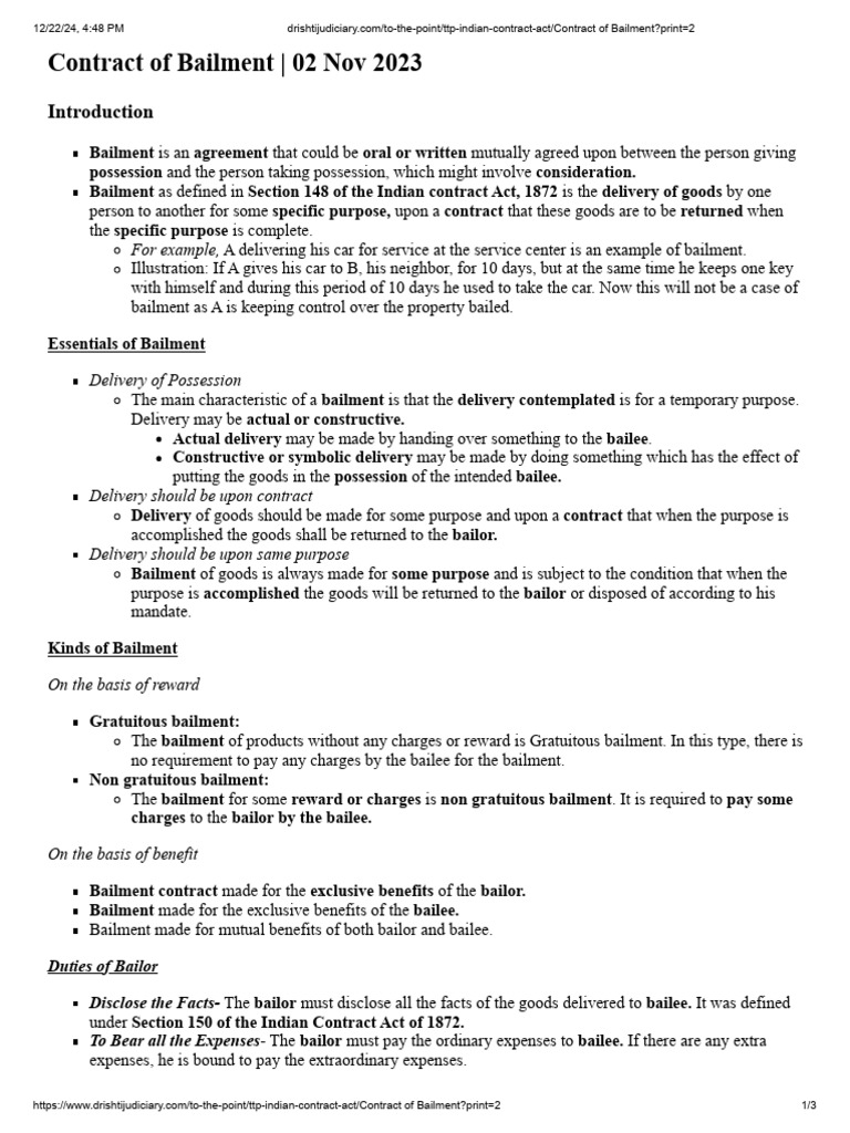 To-The-Point - Ttp-Indian-Contract-Act - Contract of Bailment - Print 2 ...