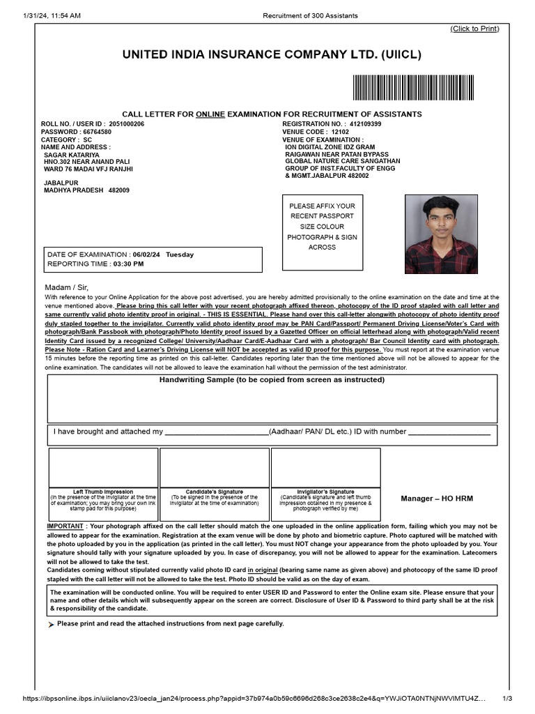 Call Letter for Assistant Exam 2024 | PDF | Identity Document