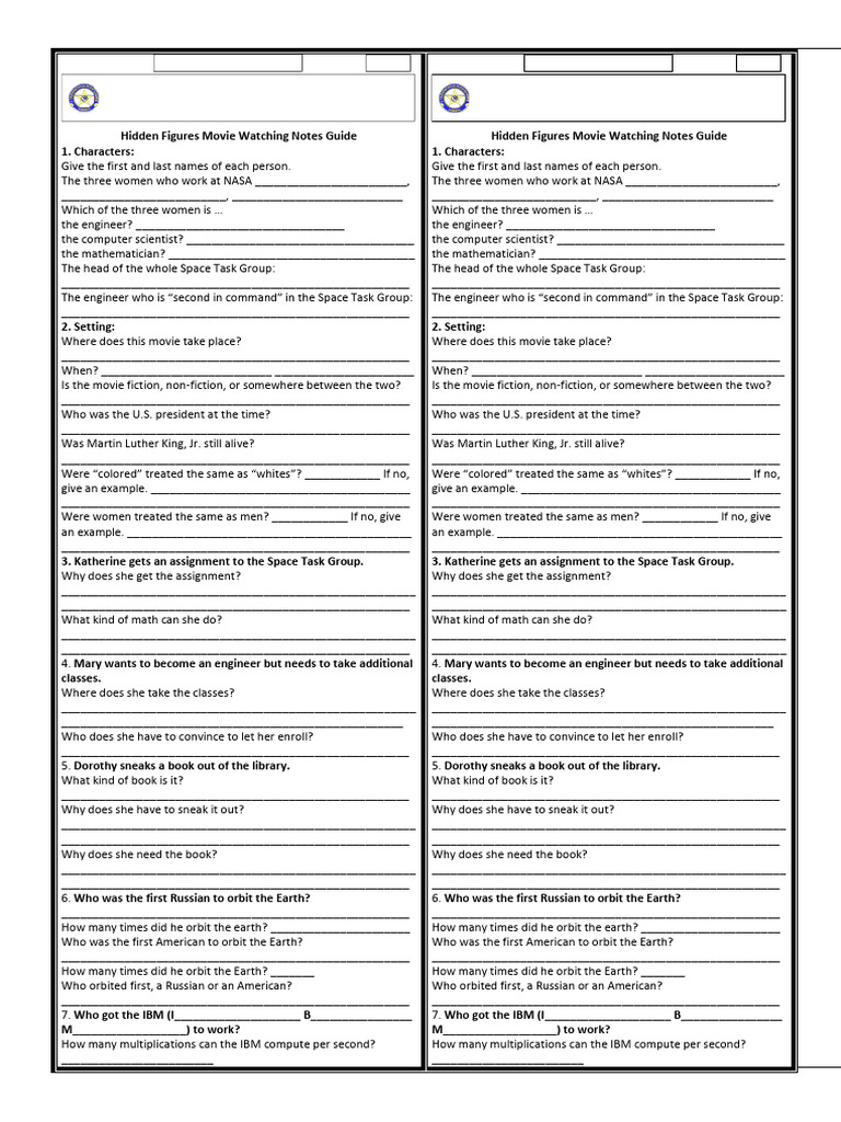 Hidden Figures Movie Notes Guide | PDF