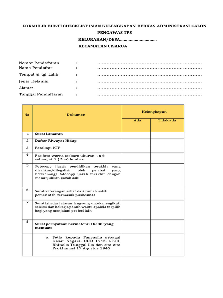 Checklist Berkas Calon Pengawas TPS | PDF