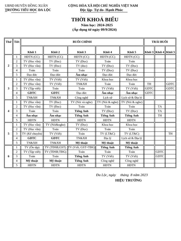 TKB 2024-2025 lần 1 | PDF