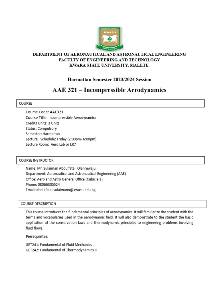 AAE321 2024 Coures Desription | PDF | Fluid Dynamics | Lift (Force)