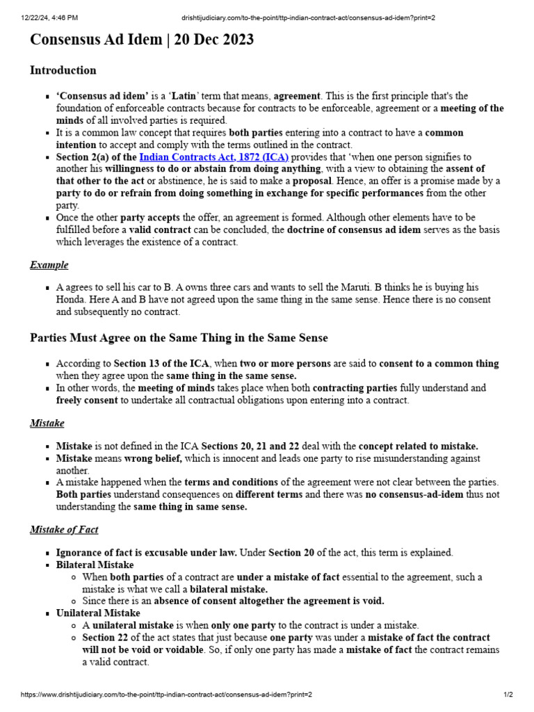 Understanding Consensus Ad Idem in Contracts | PDF | Common Law | Legal ...