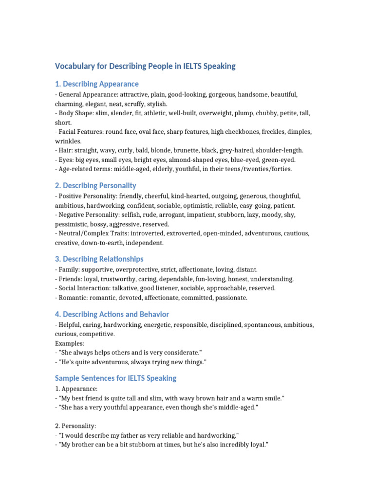 Vocabulary For Describing People in IELTS Speaking | PDF