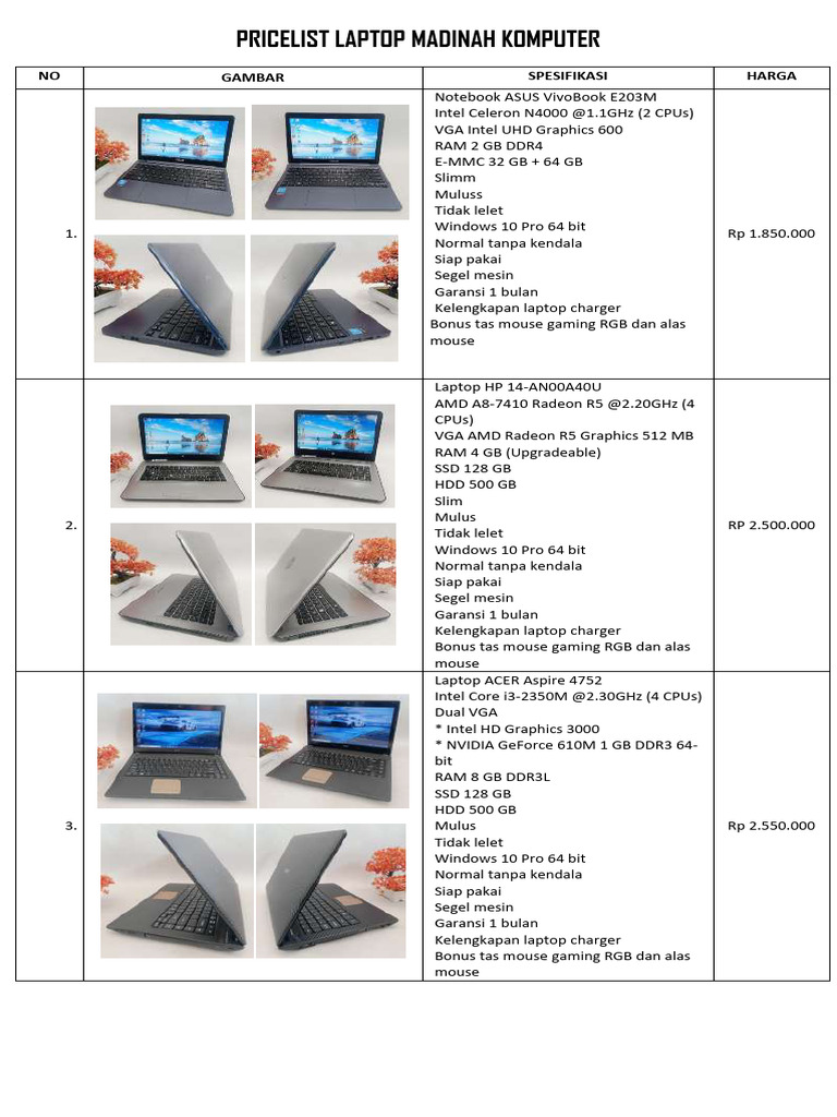 Pricelist Laptop Madinah Komputer Harga User | PDF | Laptop | Computer Hardware