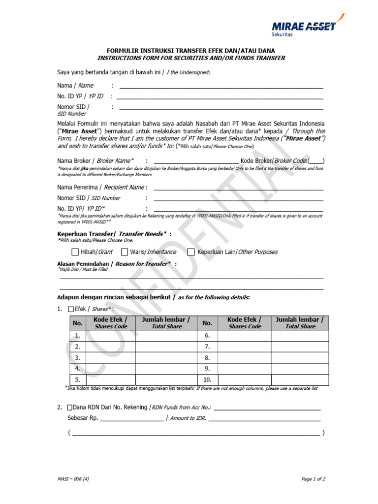 (MASI-006 (4) ) Formulir Instruksi Transfer Efek Dan Atau Dana (Pindah ...