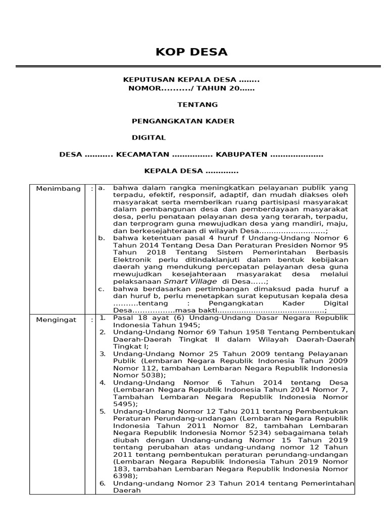 Draft SK Kades Pengangkatan Kader Digital 2024 | PDF