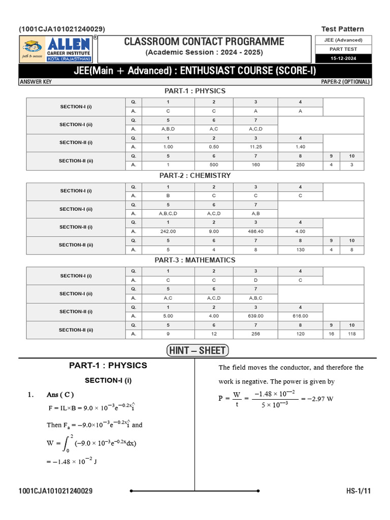 1512 Enthusiast Score-I Answerkey Solution P | PDF | Force | Electron