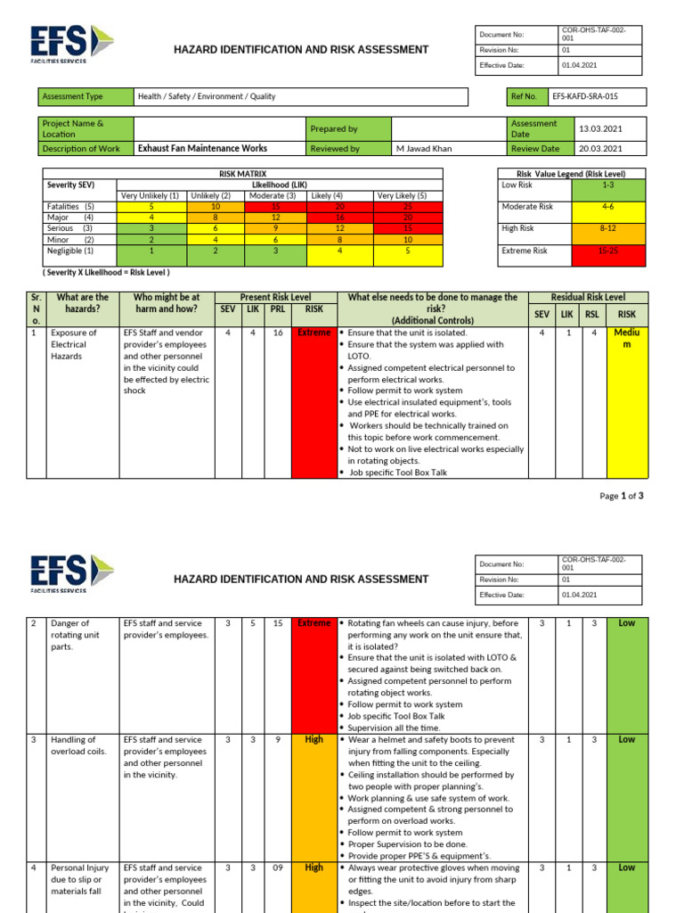 EFS-KAFD-SRA-015 Risk Assessment For Maintenance of Exhaust or Extract ...