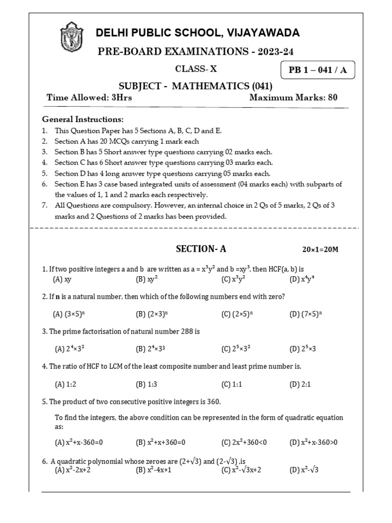 10th Mathematics Preboard-1 Set-A | PDF | Triangle | Circle