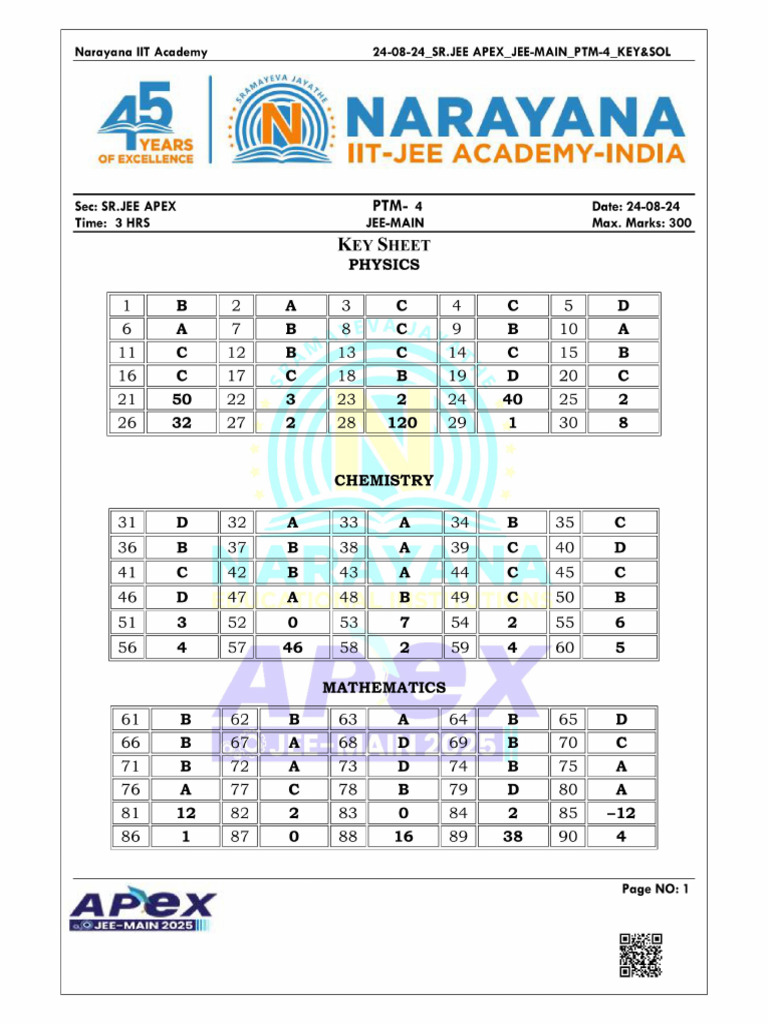 24-08-24 - SR Iit - Jee Apex - Jee Main Model - ptm-4-Key&Sol | PDF