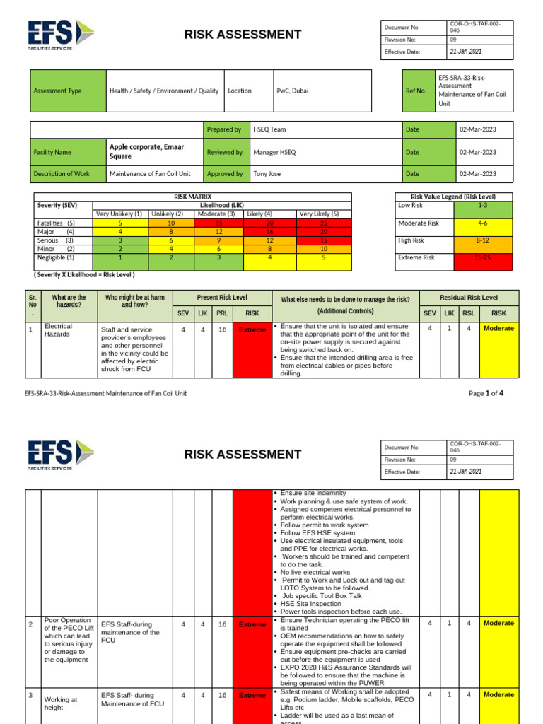 EFS-PwC-SRA-017 Risk Assessment For Maintenance of Fan Coil Unit | PDF ...