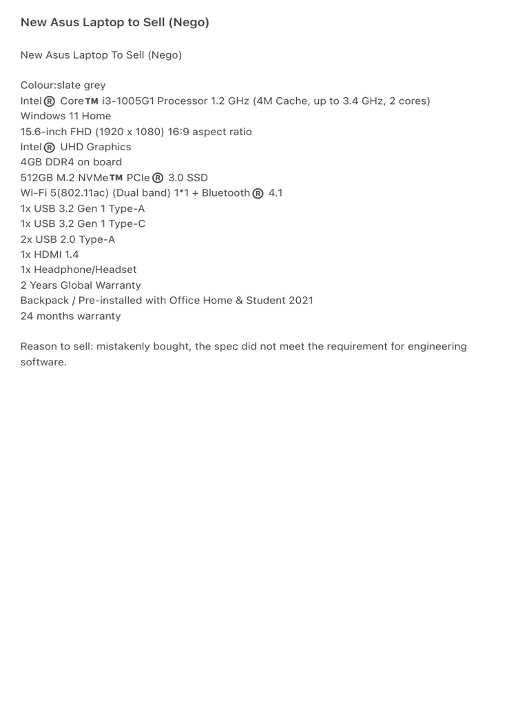 New Asus Laptop To Sell (Nego) | PDF