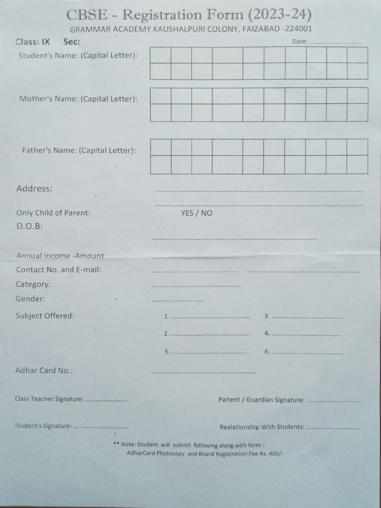 CBSE IX Registration Form 2023-24 | PDF