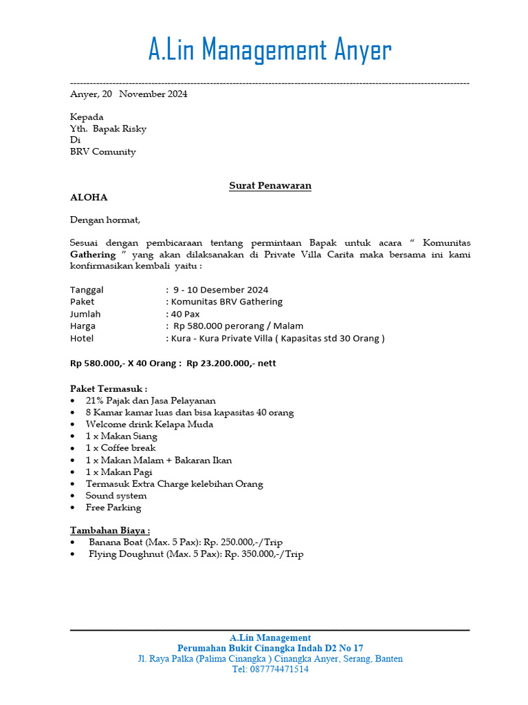 Surat Penawaran Private Villa Carita | PDF