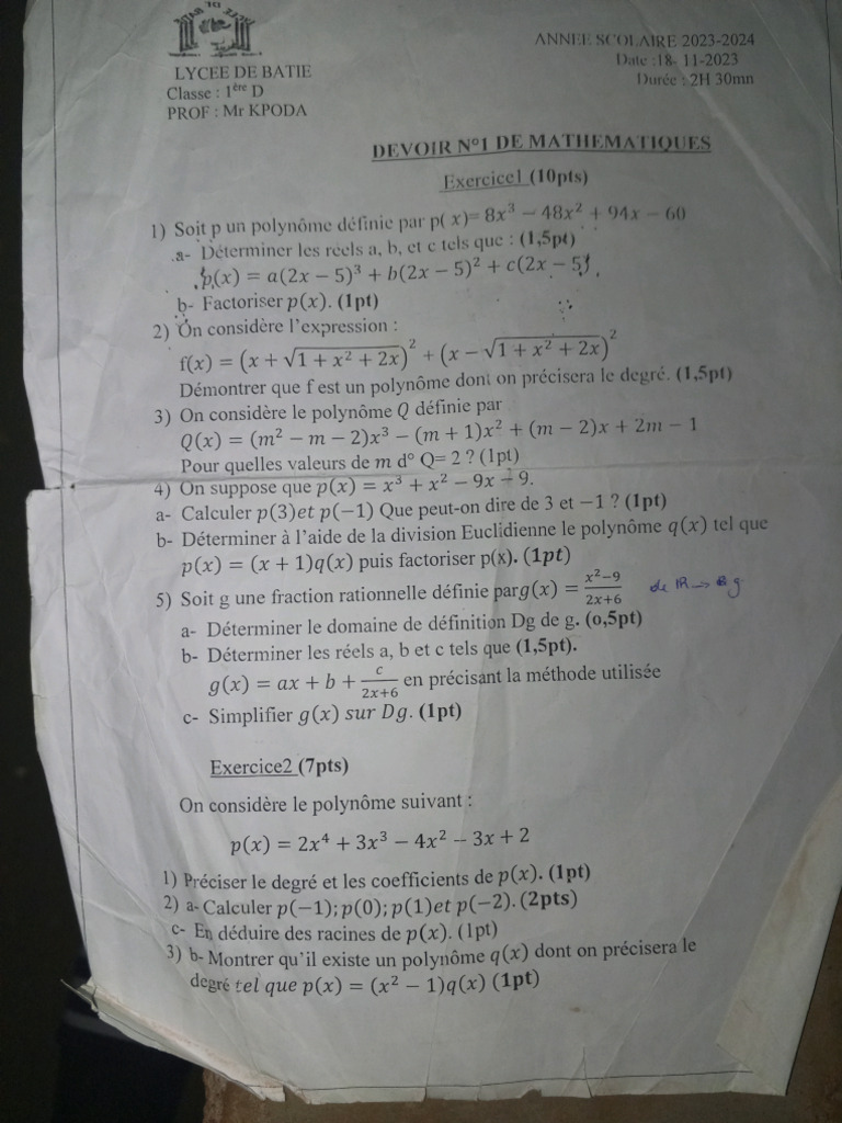 Maths Devoir 1ère D Pdf