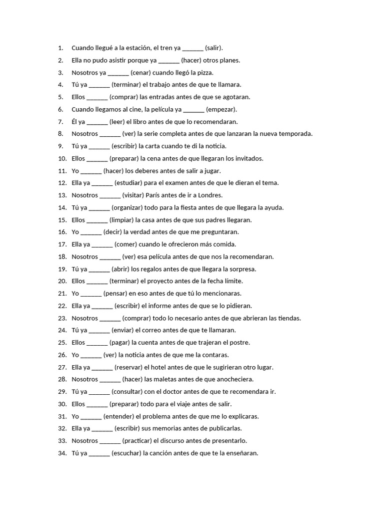 Ejercicios de Preterito Pluscuamperfecto de Indicativo | PDF